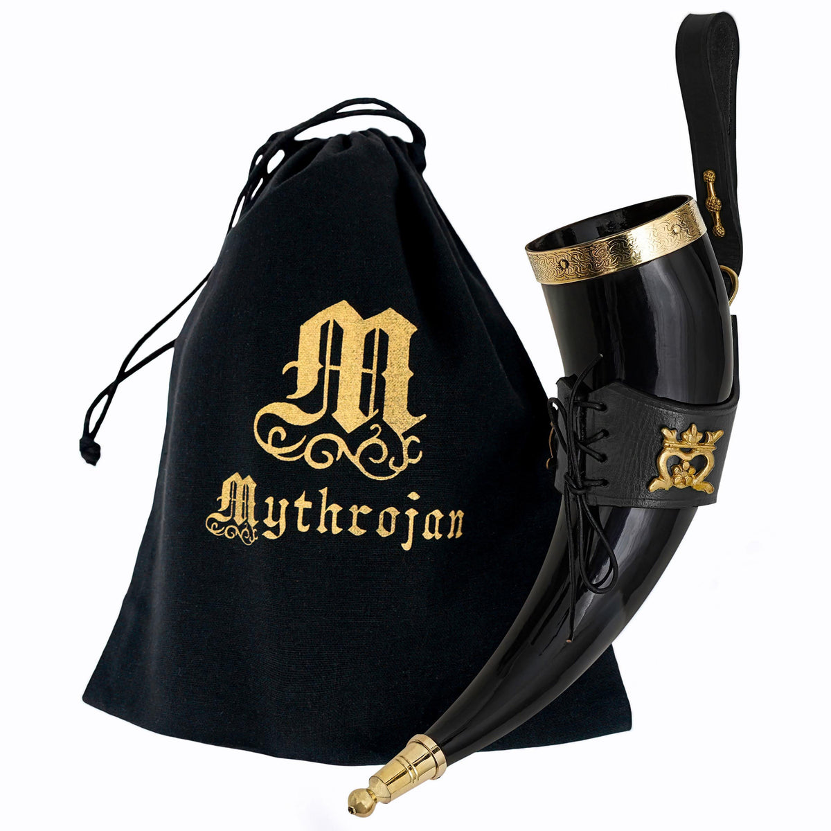 Drinking Horn with Brass Trim and End, Black Leather holder and Crowne ...