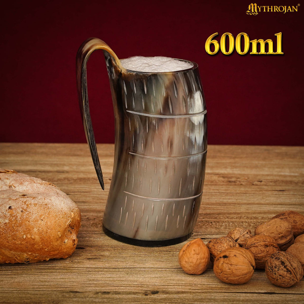 Horn Tankard with leather strap, 600 ML, Carved Barrel Design| Make ...