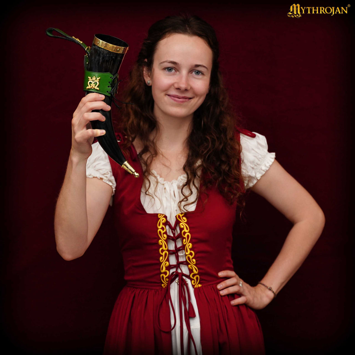 Drinking Horn with with Brass Trim and End, Green Leather holder and C ...