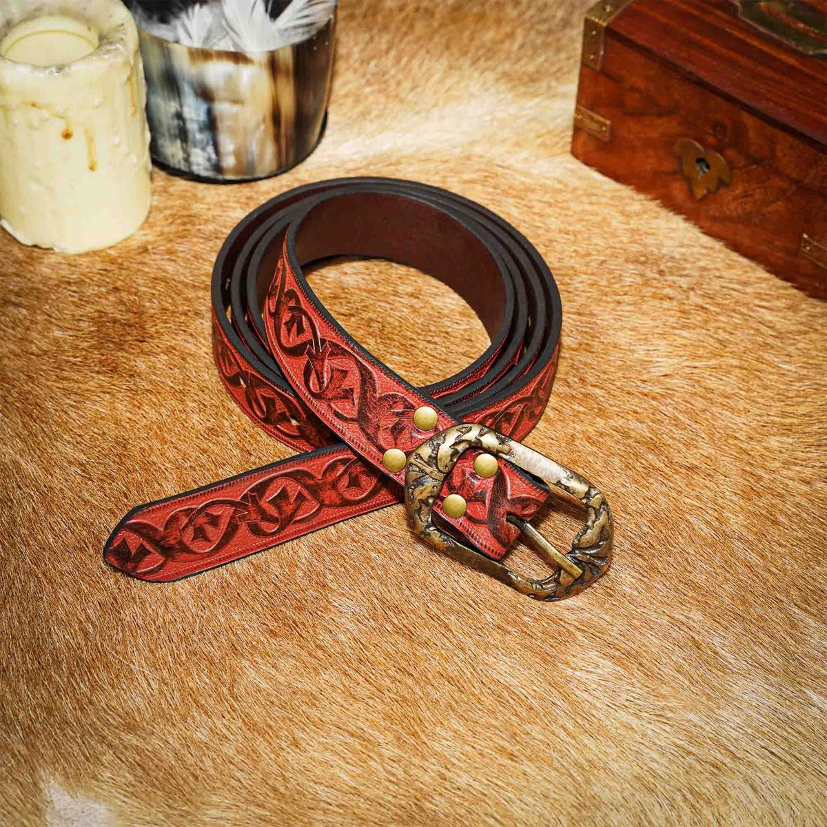 Renaissance Red Belt with Vine Embossed Strap| Make Your Own Medieval